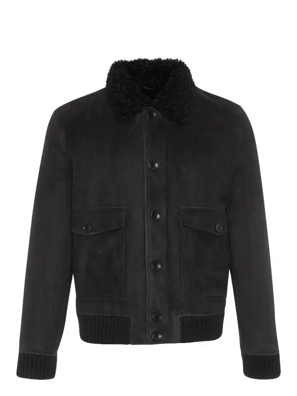 Gorski Suede Shearling Lamb Bomber Jacket - Black