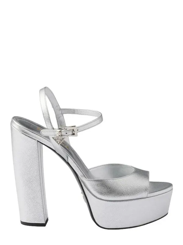 Prada Patent Saffiano Leather Platform Sandals - Silver