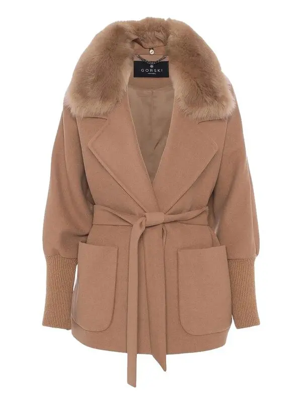 Gorski Fabric Coat With Detachable Shearling Lamb Collar, Belt - Camel