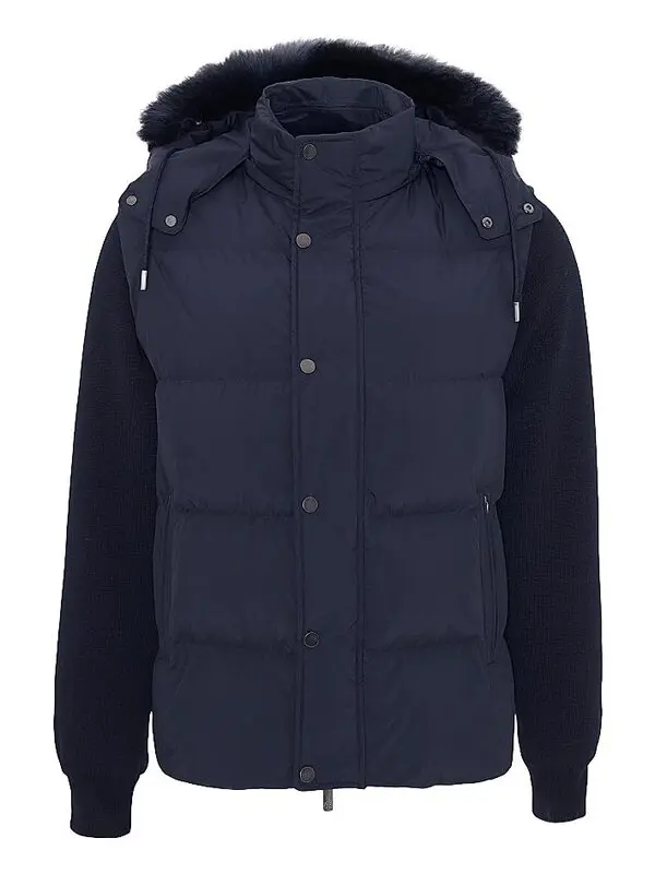 Gorski Quilted Down Bomber Jacket With Detachable Sleeves And Shearling Hood - Navy