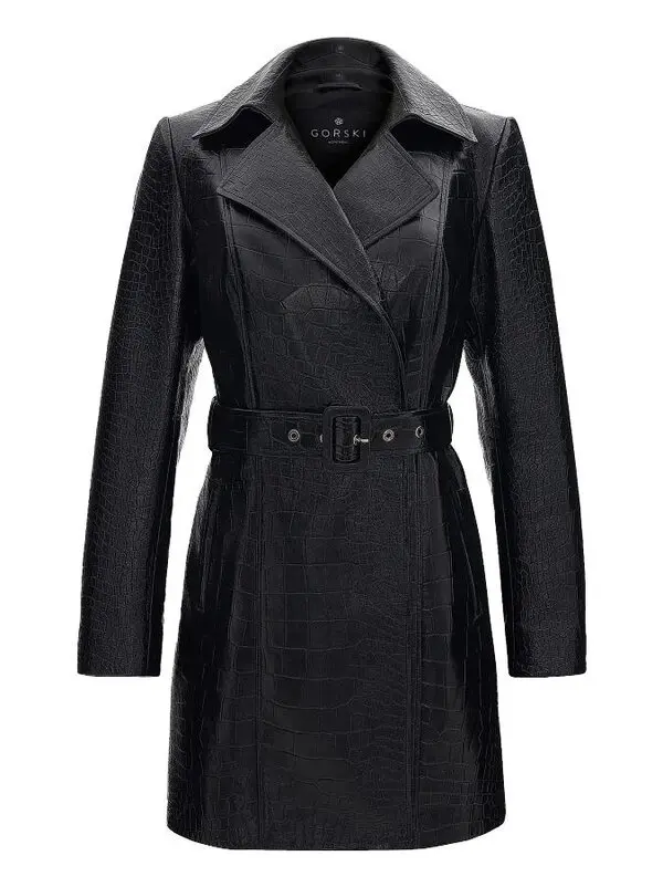 Gorski Select Nappa Leather Croco Embossed Trench Coat, Belt - Black
