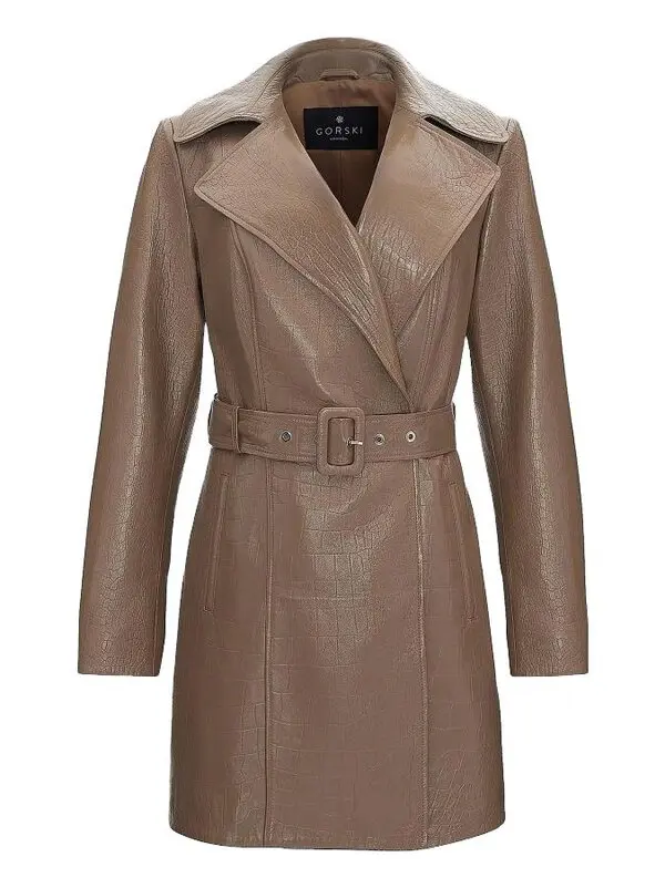 Gorski Select Nappa Leather Croco Embossed Trench Coat, Belt - Camel