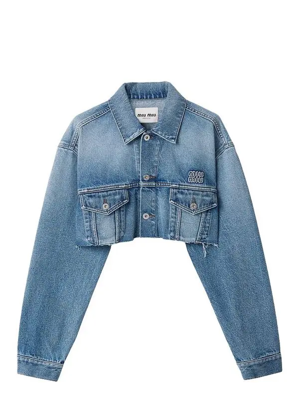 Miu Miu Cropped Washed Denim Jacket - Blue
