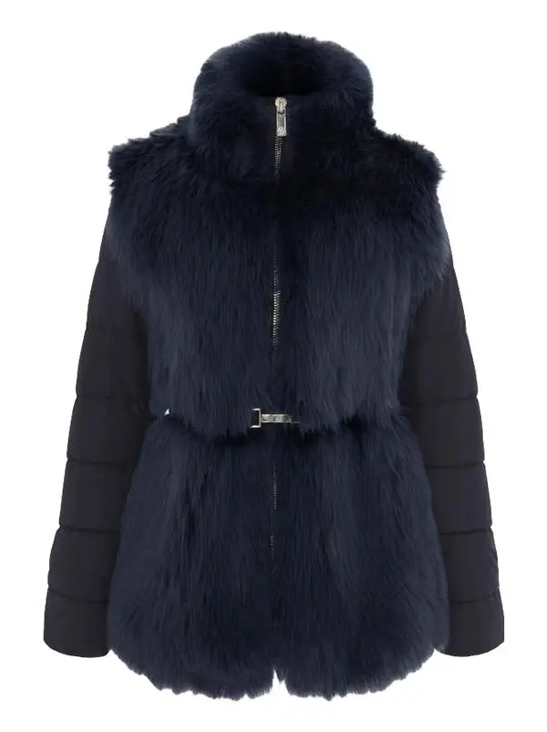 Gorski Select Shearling Lamb Jacket With Quilted Sleeves And Back, Belt - Navy