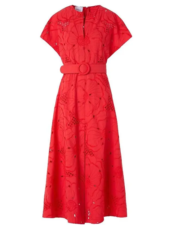 Akris Eyelet Embroidered Cotton Midi Dress - Red