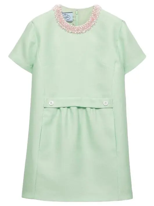 Prada Embroidered Slubbed Gazar Dress - Green