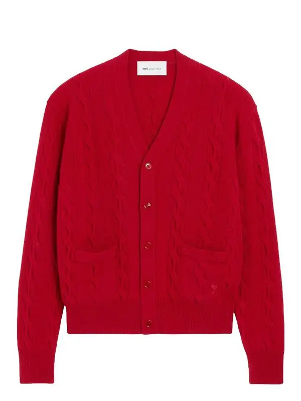 AMI Paris Cable-knit Wool Cardigan - Ruby Red
