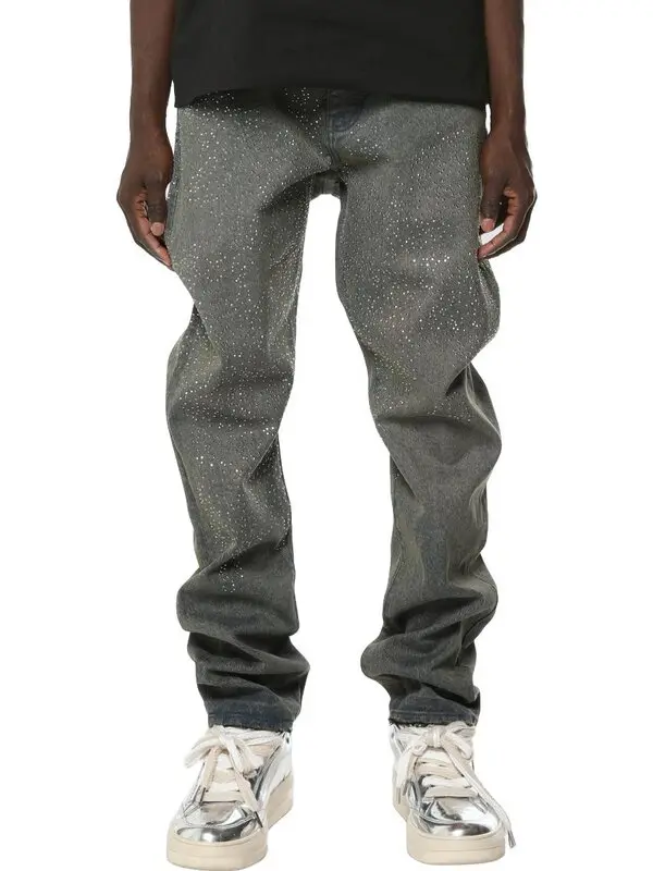 PURPLE BRAND Dirty Wash Cosmos Rhinestone Stacked Jeans - Blue