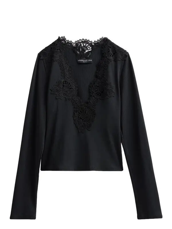 Generation Love Lady Lace Ribbed Top - Black
