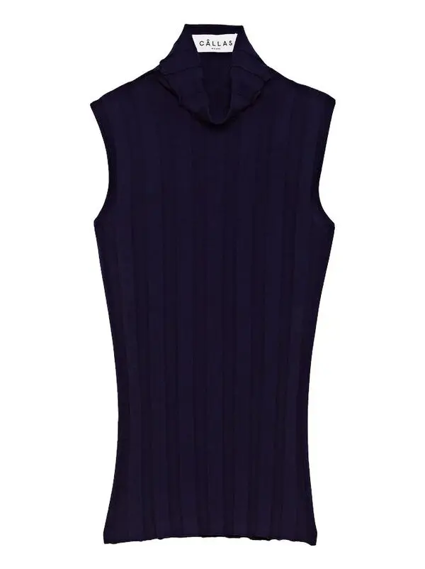CALLAS MILANO Romy Sleeveless Turtleneck Sweater In Merino Wool Rib - Navy