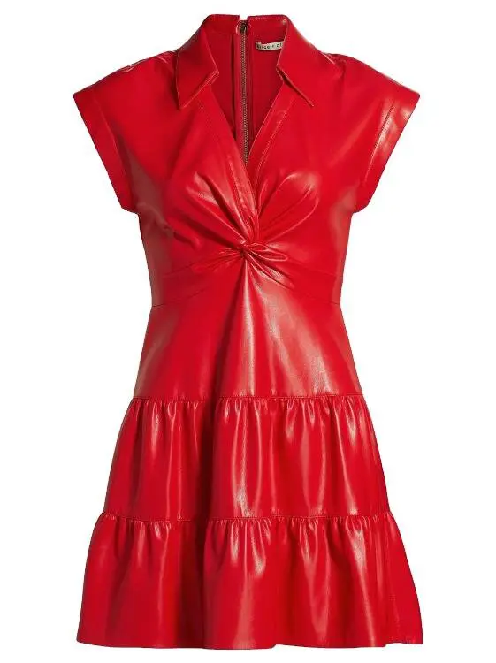 Alice + Olivia Mila Faux Leather Twist-front Minidress - Bright Ruby