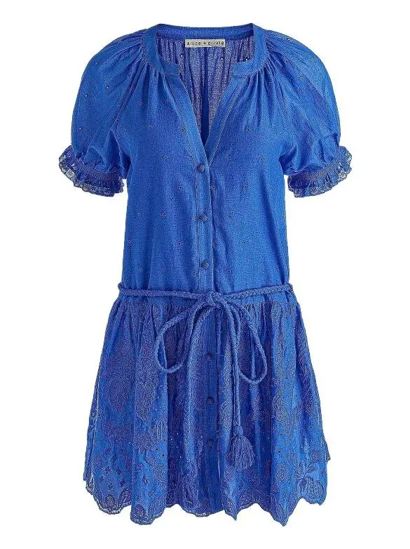Alice + Olivia Thalia Tie-waist Eyelet Cotton A-line Minidress - Blue Iris