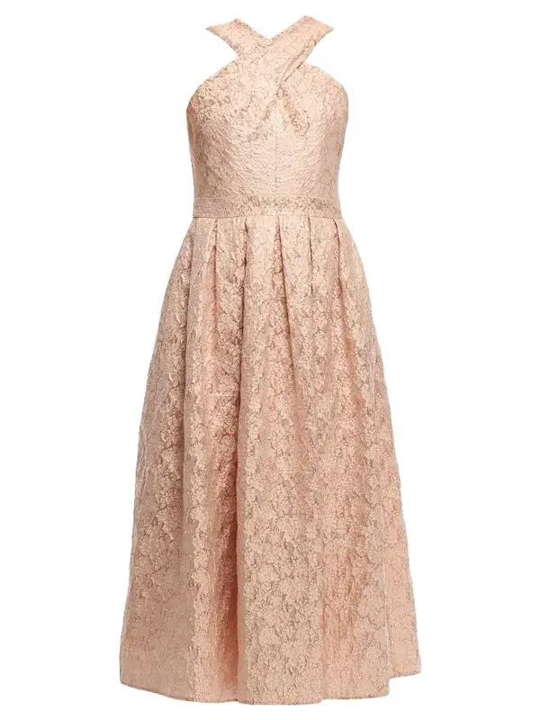 Shoshanna Ivanna Floral Crisscross Halterneck Dress - Rose Gold