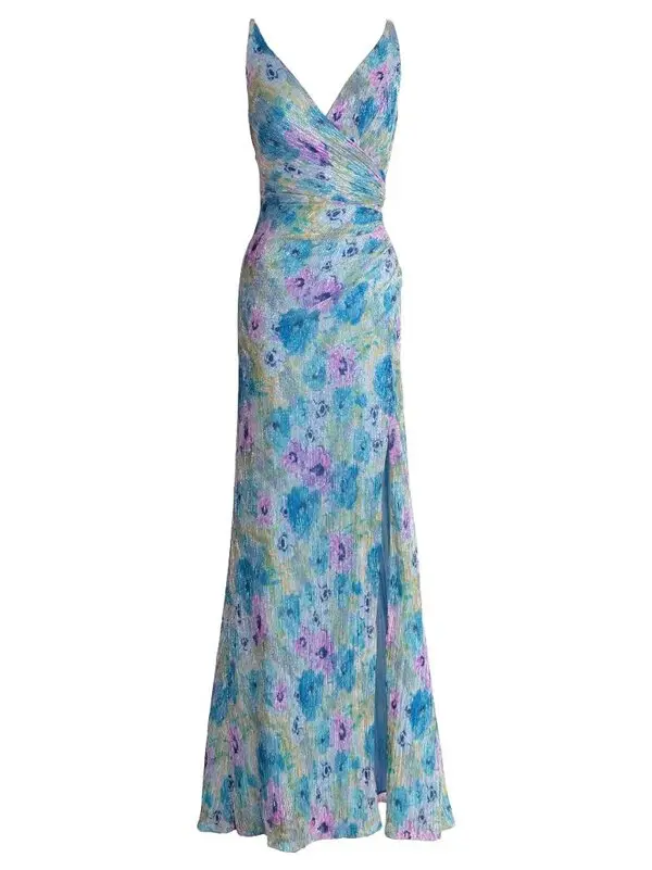 Dress The Population Jordan Floral Metallic Sleeveless Surplice Gown - Sky Multi