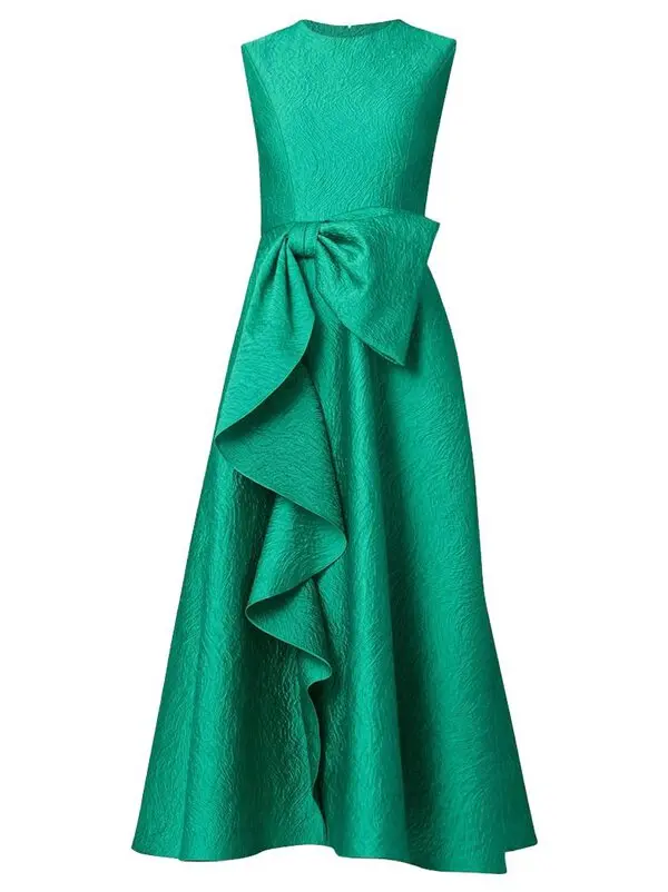 Shoshanna Laura Bow-appliqué Ruffled Jacquard Gown - Emerald