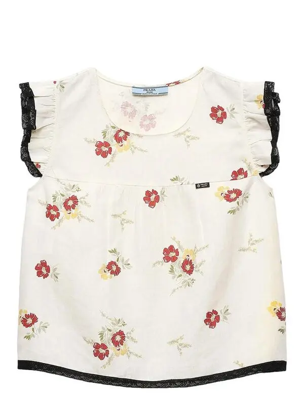 Prada Linen Top With Floral Motif - Red