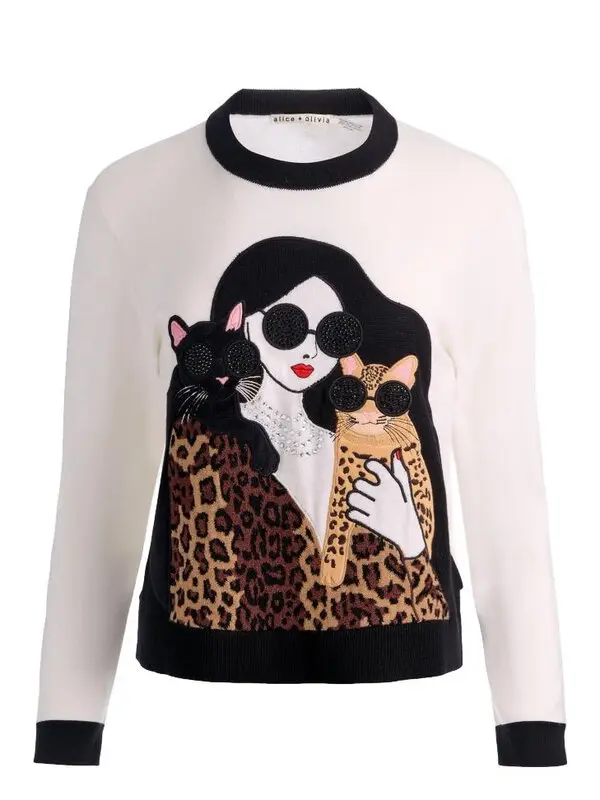 Alice + Olivia Gleeson Staceface Leopard Merino Wool Pullover Sweater - Soft White Multi
