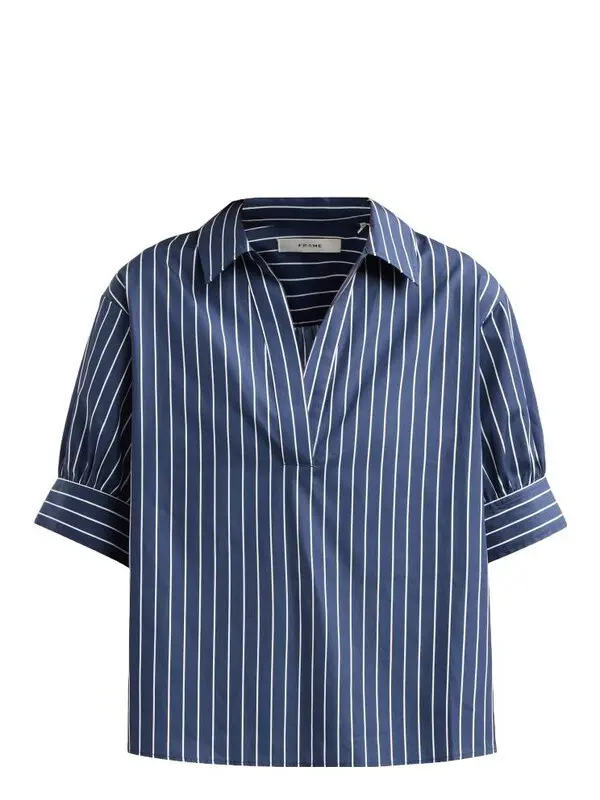 FRAME The Popover Striped Cotton Top - Navy Multi