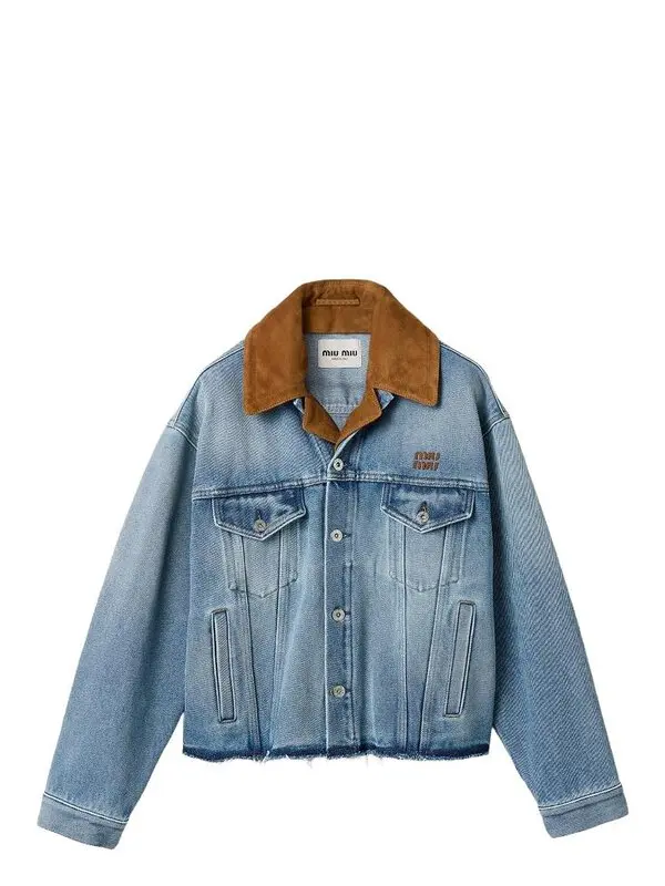 Miu Miu Washed Denim And Suede Blouson Jacket - Blue