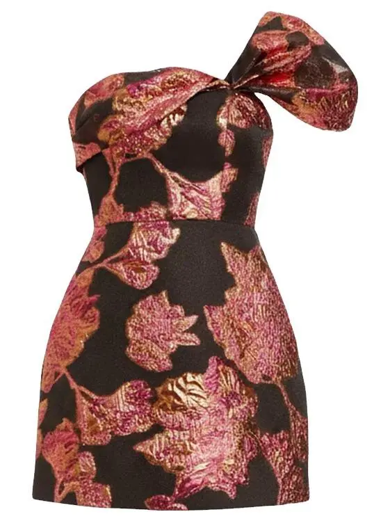 Dress The Population Olive One-shoulder Brocade Minidress - Fuchsia Multi
