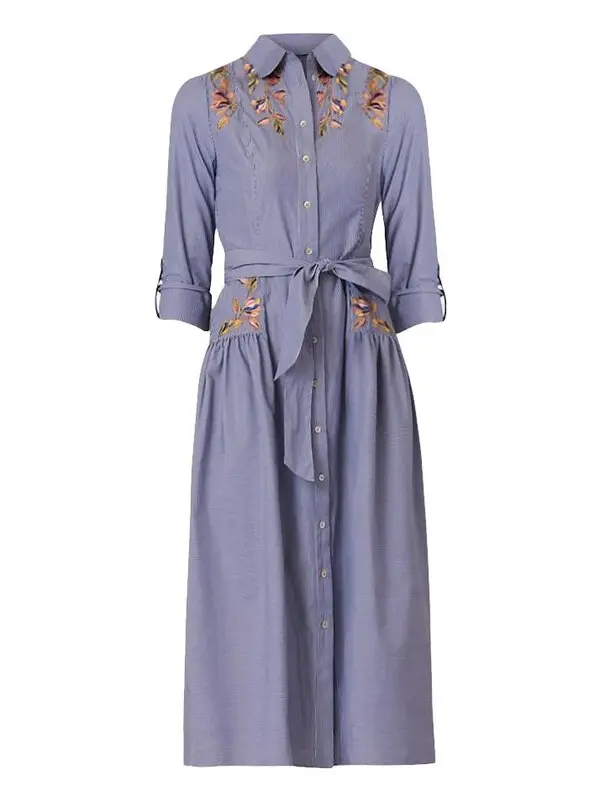 Shoshanna Caldwell Embroidered Pinstriped Shirtdress - Lapis Multi