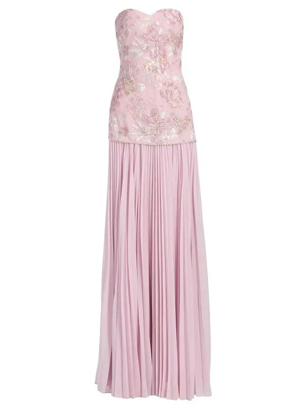Badgley Mischka Beaded Drop Waist Strapless Gown - Blush Multi
