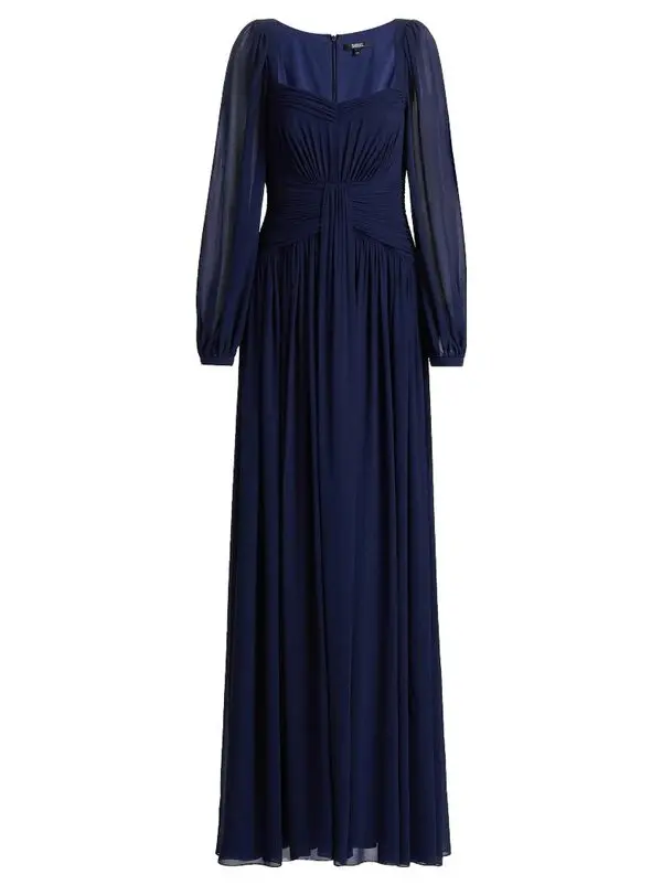 Badgley Mischka Queen Anne Pleated Georgette A-line Gown - Navy