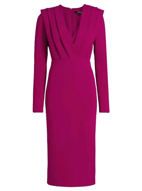 Badgley Mischka Pleated Stretch Crepe V-neck Midi-dress - Raspberry