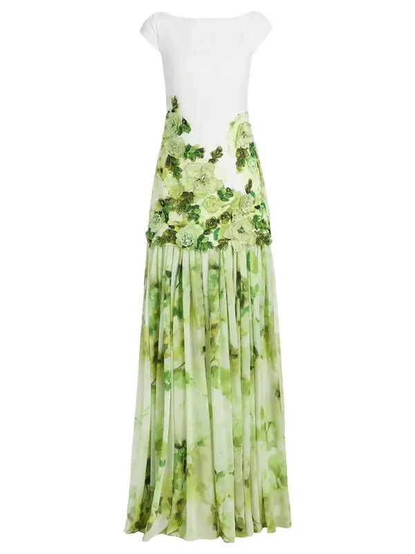 Badgley Mischka Floral Appliqué Drop-waist Gown - Lime Multi