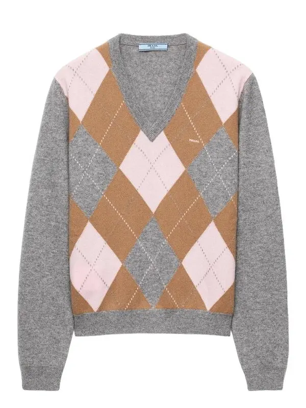 Prada Argyle Cashmere V-neck Sweater - Grey