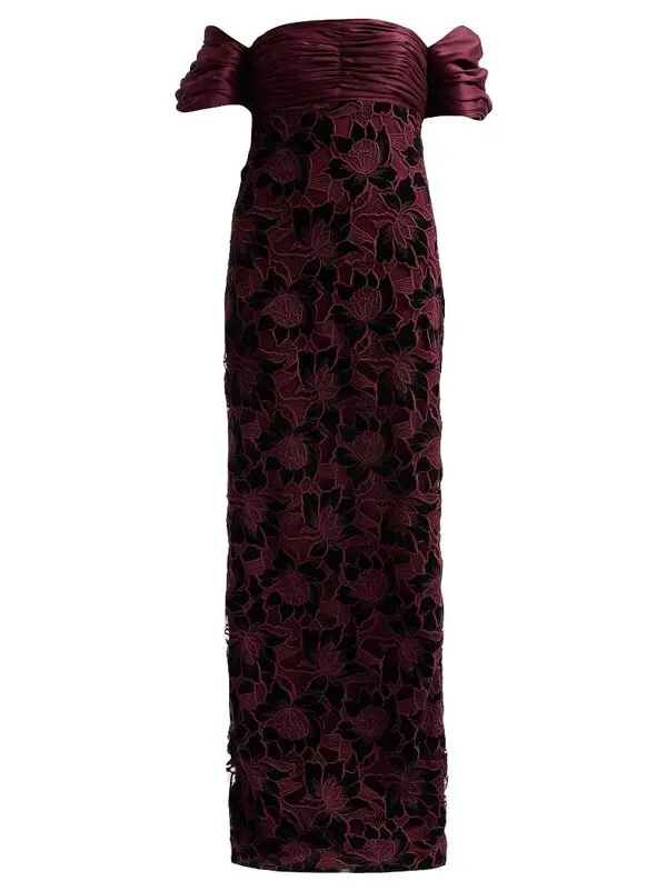 Badgley Mischka Floral Guipure Off-the-shoulder Gown - Wine