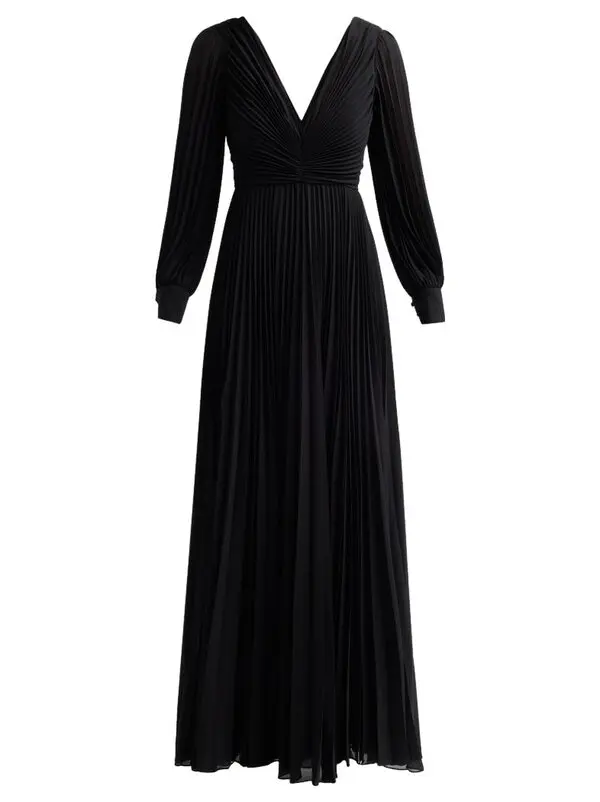 Badgley Mischka Pleated Chiffon Long-sleeve Gown - Black