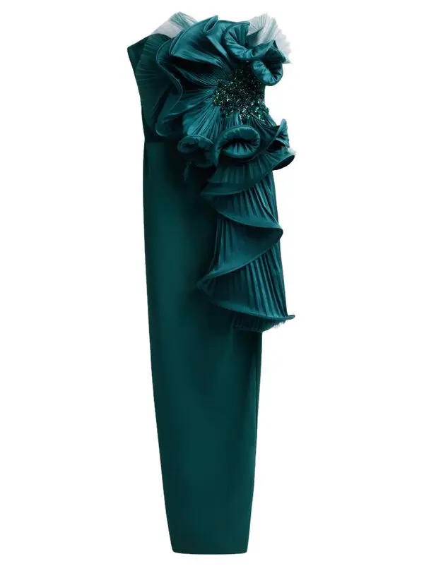 Badgley Mischka Satin Floral Strapless Column Gown - Pine