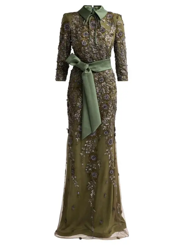 Badgley Mischka Embellished Sashed Shirtwaist Gown - Olive