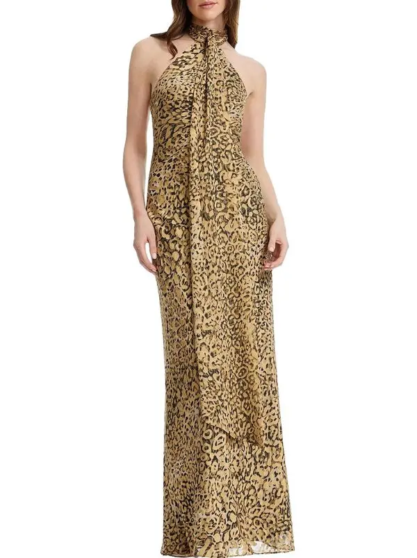 Dress The Population Olivia Leopard Print Halterneck Gown - Leopard Multi