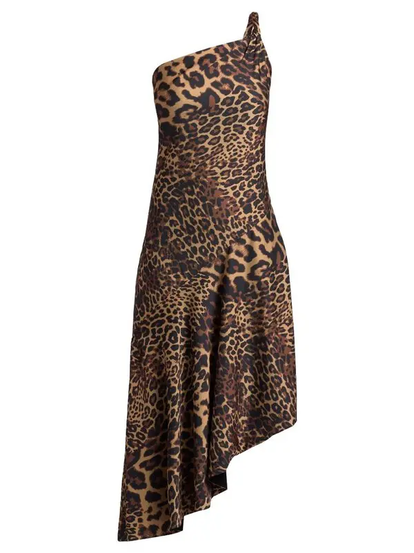 Halston Mavis Print Asymmetric Satin Midi-dress - Leopard