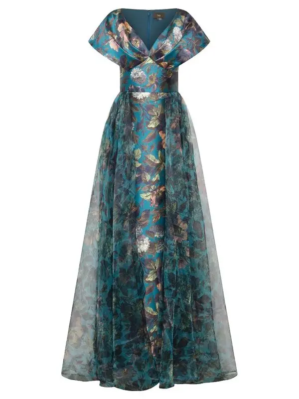 Theia Azaria Floral Mikado Draped V-neck Gown - Gilded Hydrangea