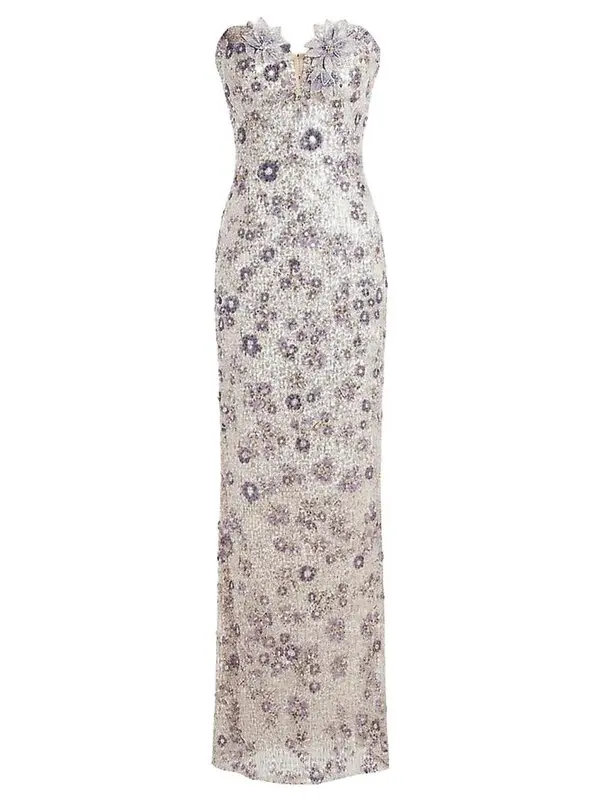Dress The Population Teresa 3d Flowers Sequin-embellished Column Gown - Silver Multi