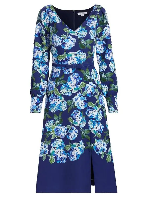 KAY UNGER Briony Hydrangea Stretch Crepe Belted Midi-dress - Deep Navy