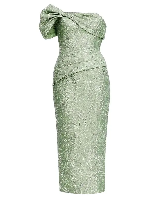 Dress The Population Cyprus One-shoulder Jacquard Midi-dress - Sage
