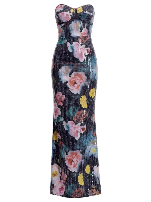 Dress The Population Vada Floral Sequined Strapless Maxi Gown - Black Multi