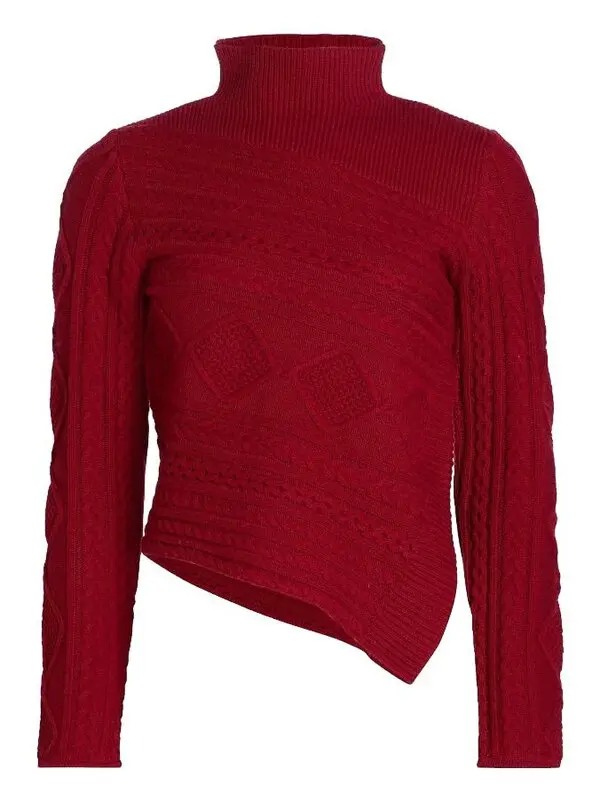 Staud Sidney Mixed Cable-knit Asymmetric Turtleneck Sweater - Rouge