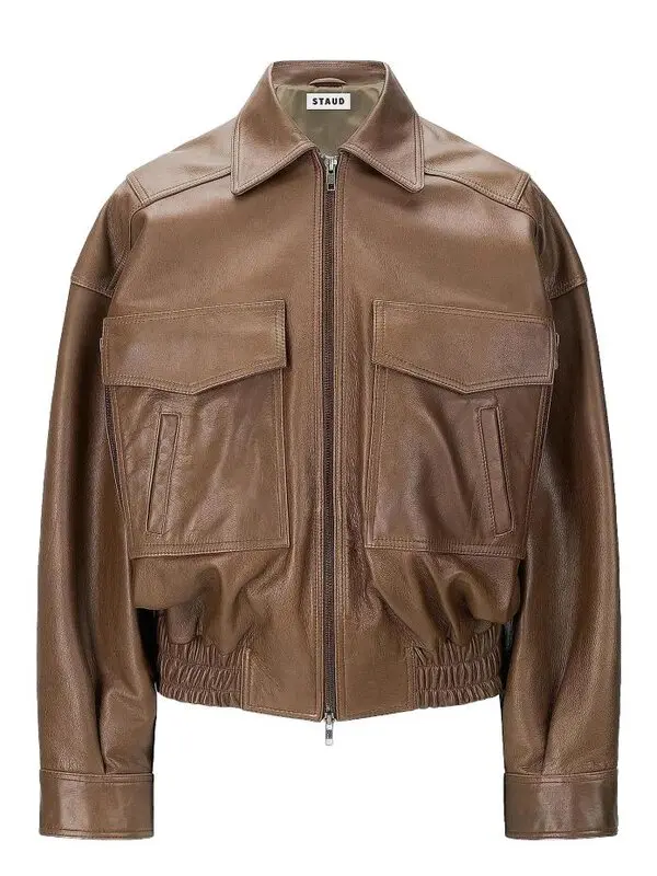 Staud Eugene Leather Bomber Jacket - Truffle