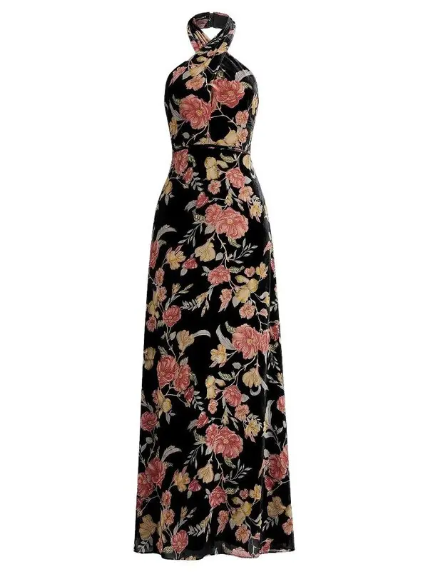 Dress The Population Brighton Velvet Floral Halterneck Maxi Dress - Black Multi