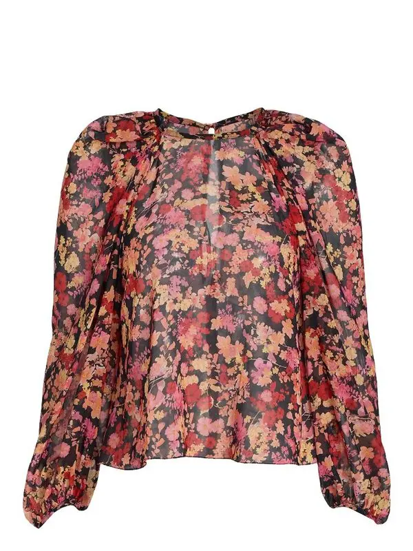 KIKA VARGAS Hitomi Floral Chiffon Linen Top - Navy