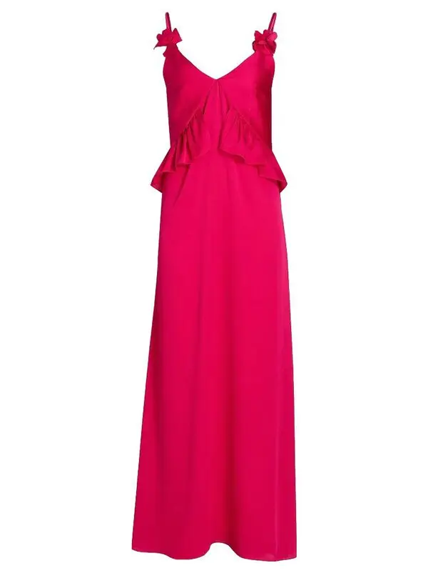 KIKA VARGAS Bel Ruffled Satin Maxi Dress - Fuchsia
