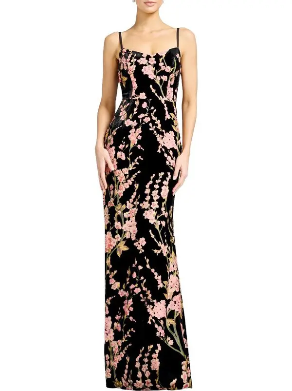 Dress The Population Giovanna Floral Velvet Gown - Black Multi