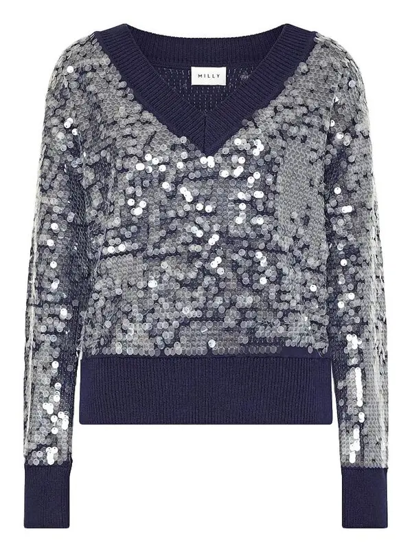 MILLY Ilaria Sequined V-neck Sweater - Navy
