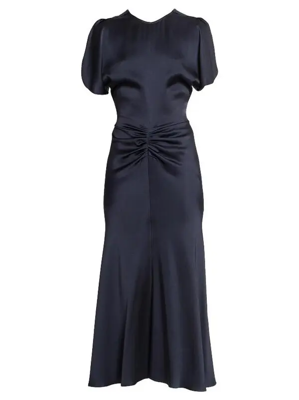 Victoria Beckham Bela Satin Ruched Midi Dress - Midnight