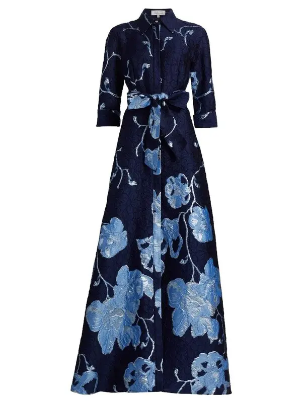 Rickie Freeman For Teri Jon Metallic Jacquard Shirt Gown - Navy Multi